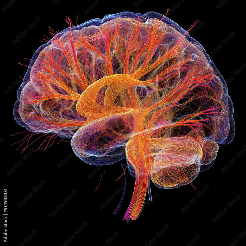 Ilustración de Stock 3D rendering of human brain neural pathways derived from MRI scans. Visual ...