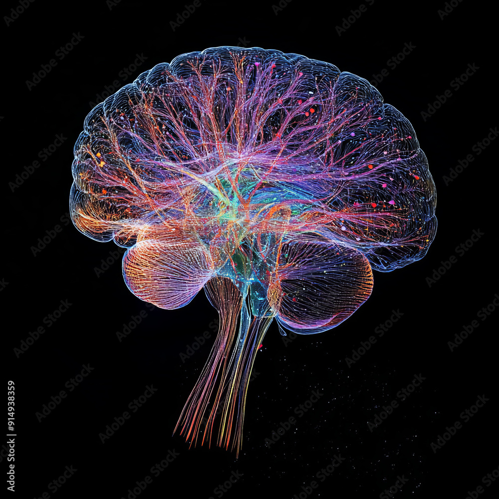 3D rendering of human brain neural pathways derived from MRI scans ...