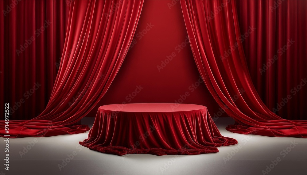 Red velvet backdrop with flowing drapery and a round table ready for ...