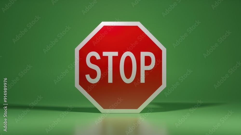 Realistic white emergency stop sign in front view with shadow on green ...