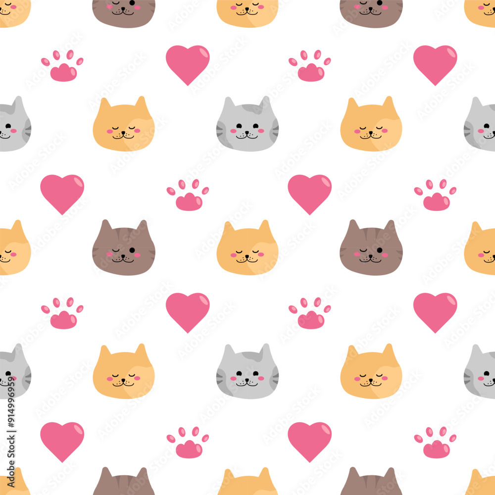Seamless cute pattern with gray, brown, ginger cats heads. Kids pattern ...