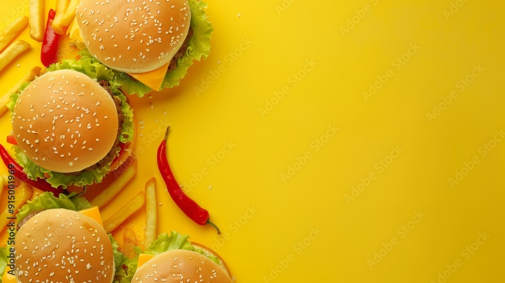 Top view of fast food on plain background with ample space for text ...