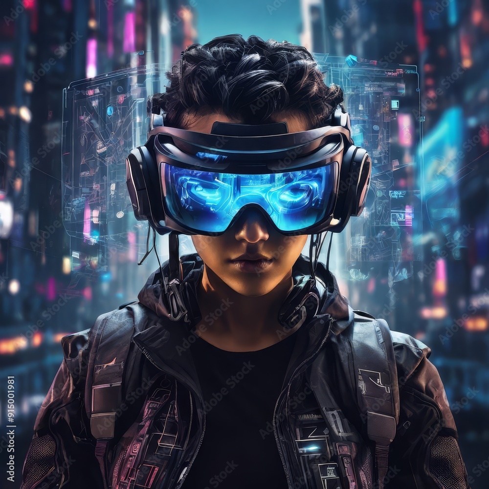 Illustration of a cyberpunk hacker in a virtual reality setting ...