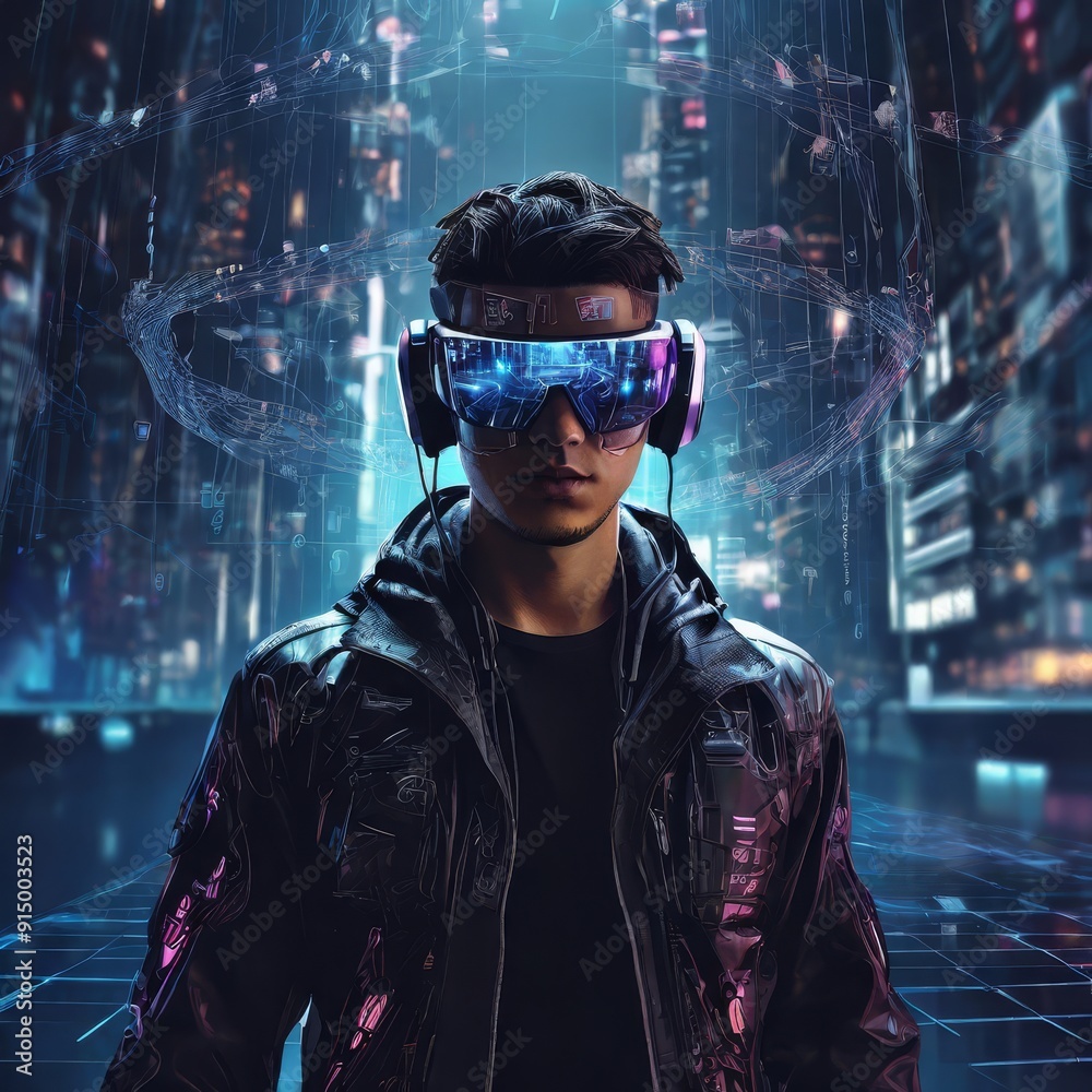 Foto de Stock Illustration of a cyberpunk hacker in a virtual reality ...