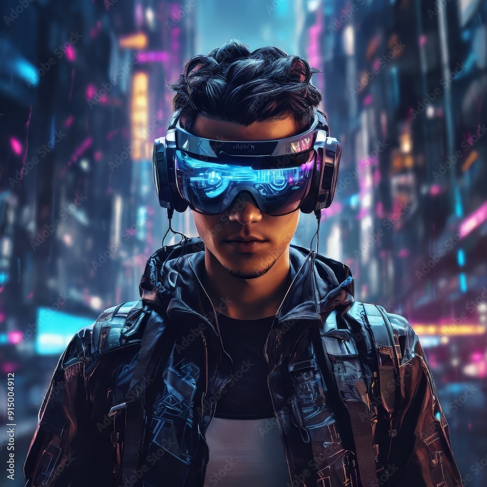 Illustration of a cyberpunk hacker in a virtual reality setting ...