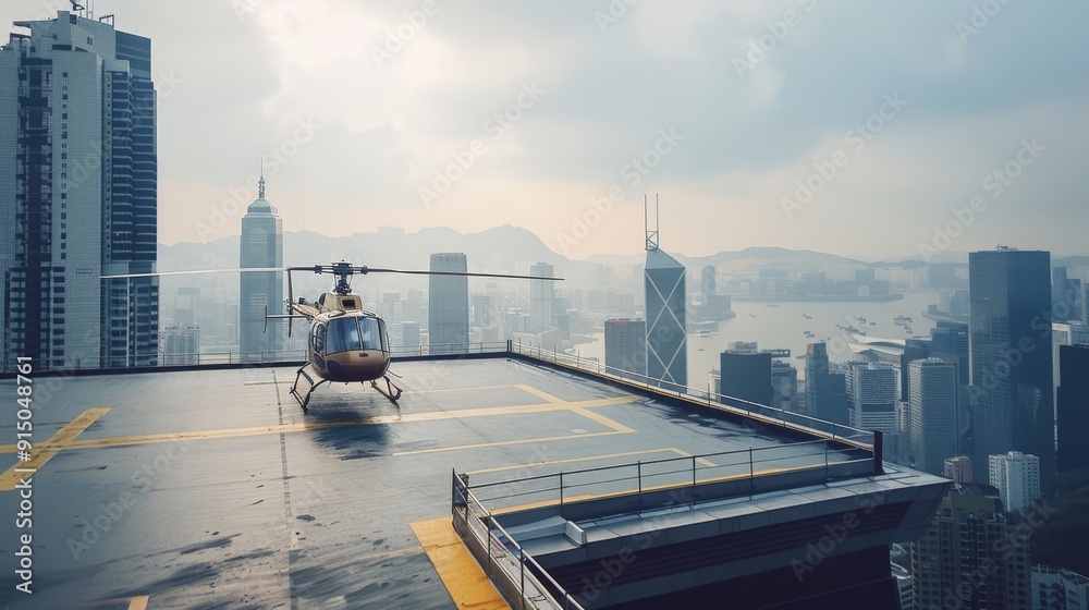 A helicopter is perched on a rooftop helipad amid a foggy cityscape ...