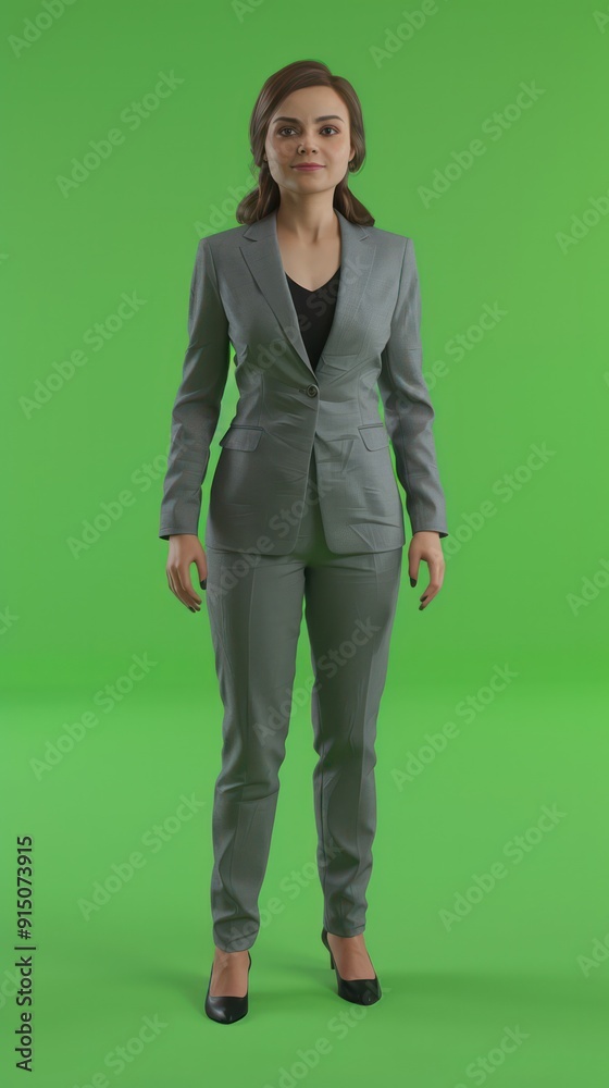 Cute female presenter, full body photo in a gray suit Contrasting with ...