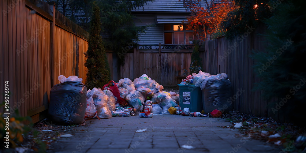 Residential waste management crisis: overflowing garbage bags and bins ...