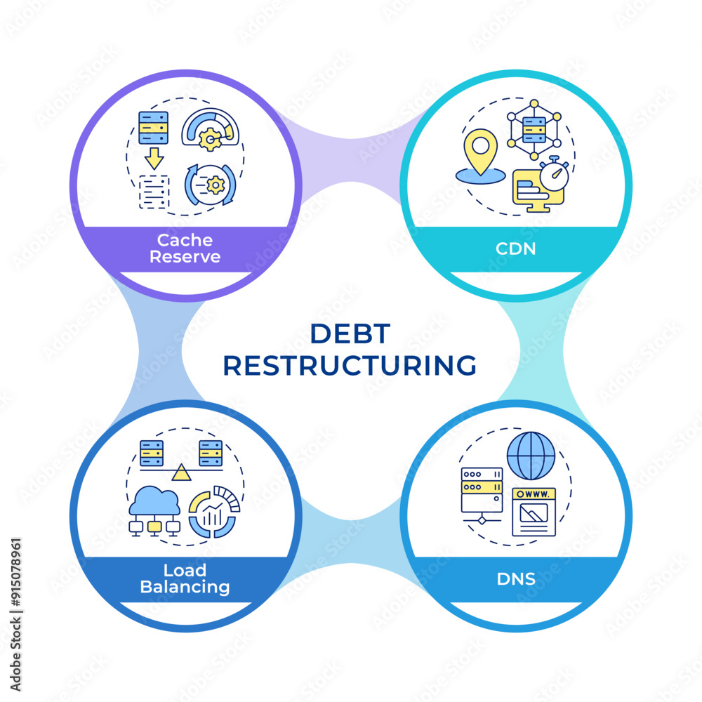 Types of web performance techniques infographic circles flowchart. Data ...