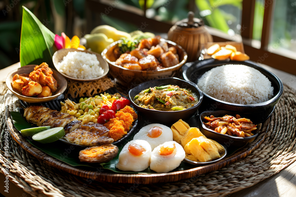 Traditional Indonesian breakfast spread with nasi uduk, nasi goreng ...