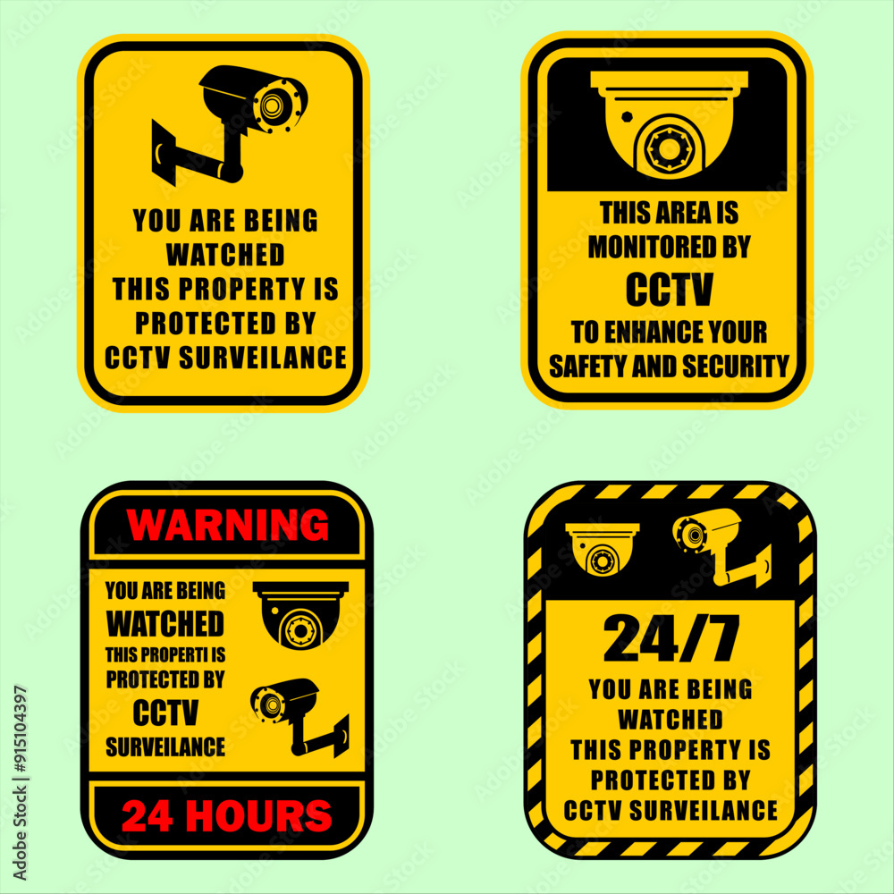 Warning signs of 24-hour CCTV surveillance in four different designs ...