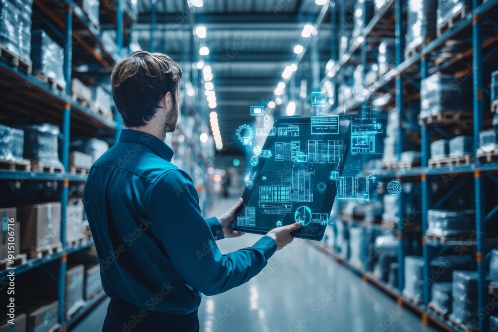 Man using futuristic digital technology to manage inventory in a modern ...