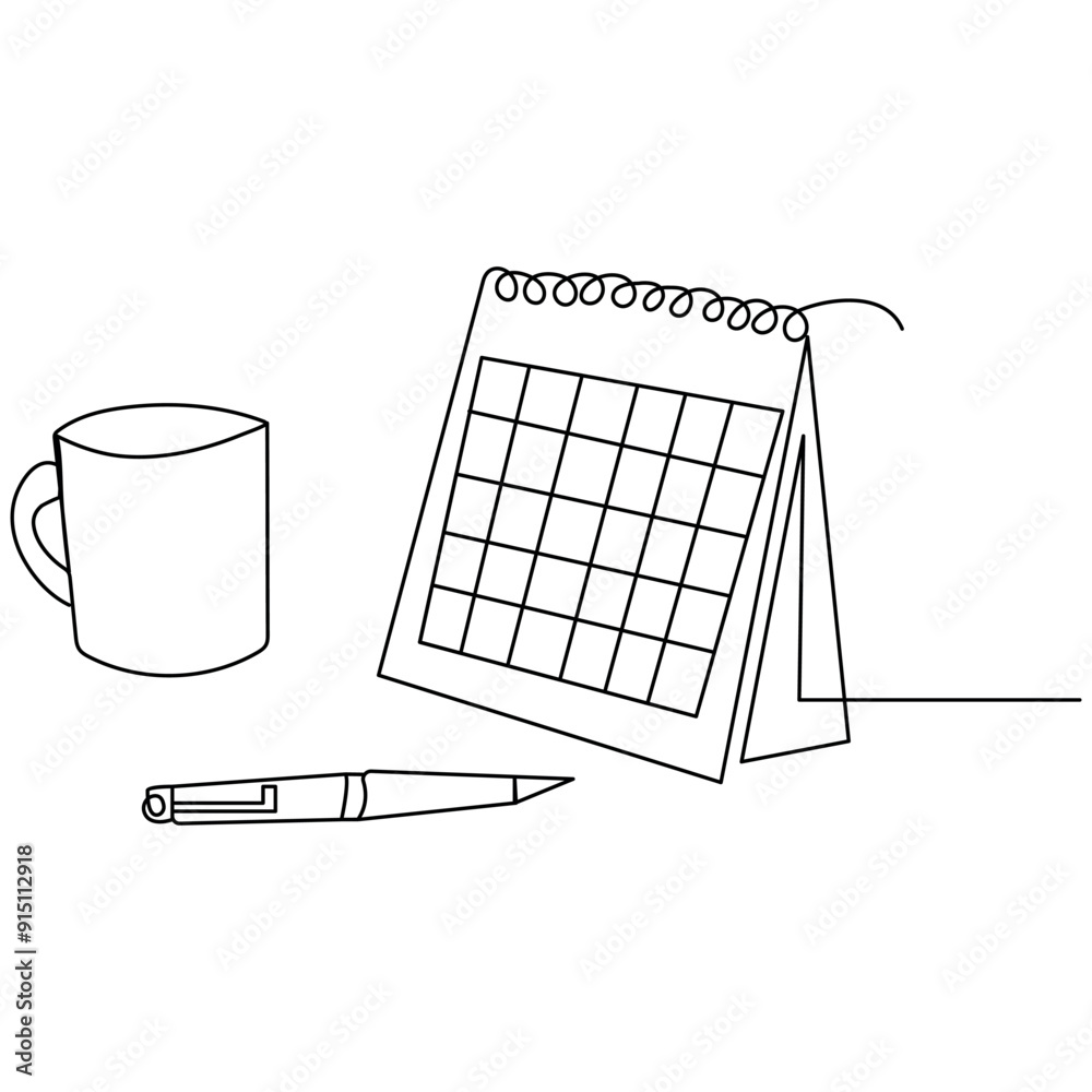 Table calendar single line art, continuous one line drawing of Isolated ...