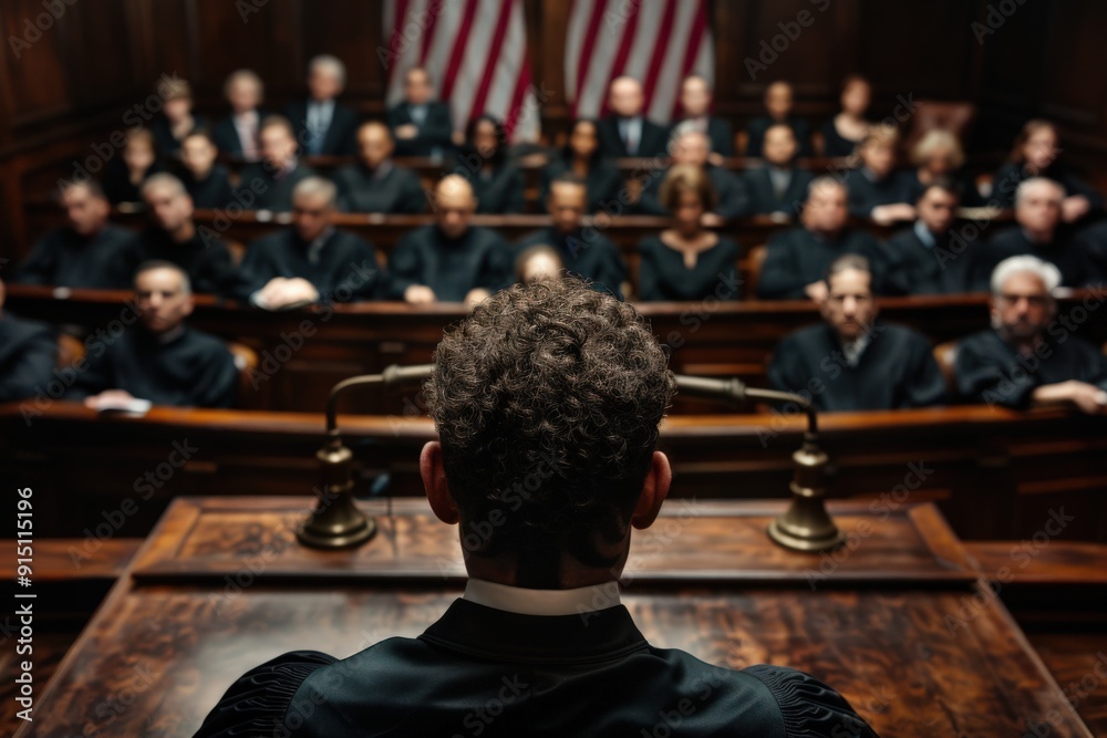 A judge with curly hair oversees a courtroom, addressing the audience ...