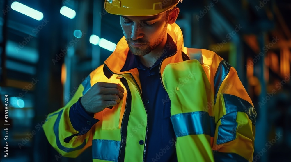 Ensuring Nighttime Safety: Worker Adjusting High-Visibility Jacket in ...