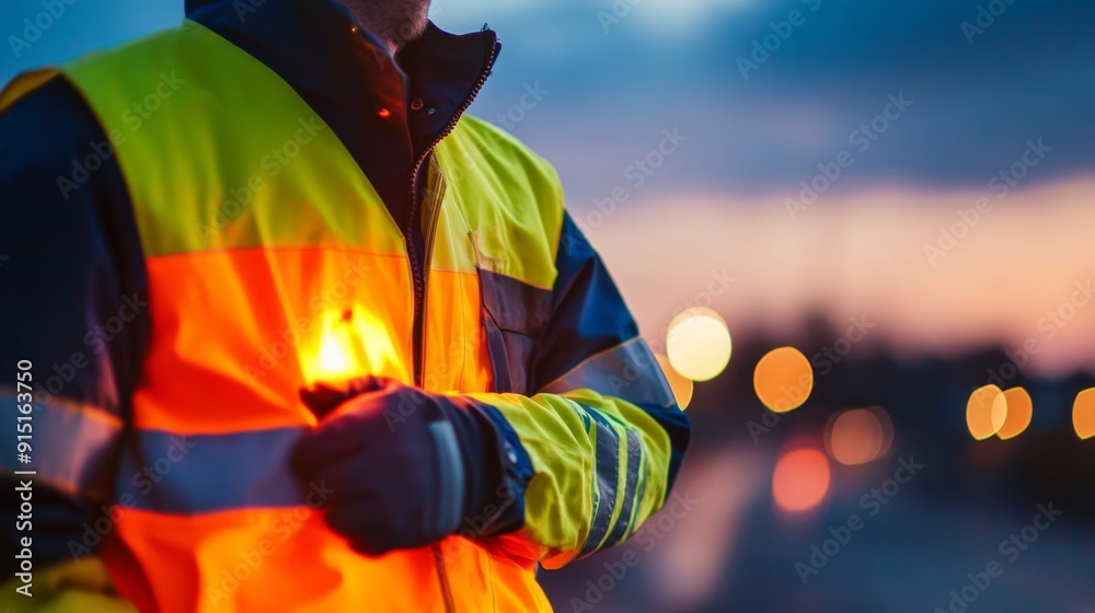Illuminated Worker Adjusting High-Visibility Jacket in Dim Lighting for ...