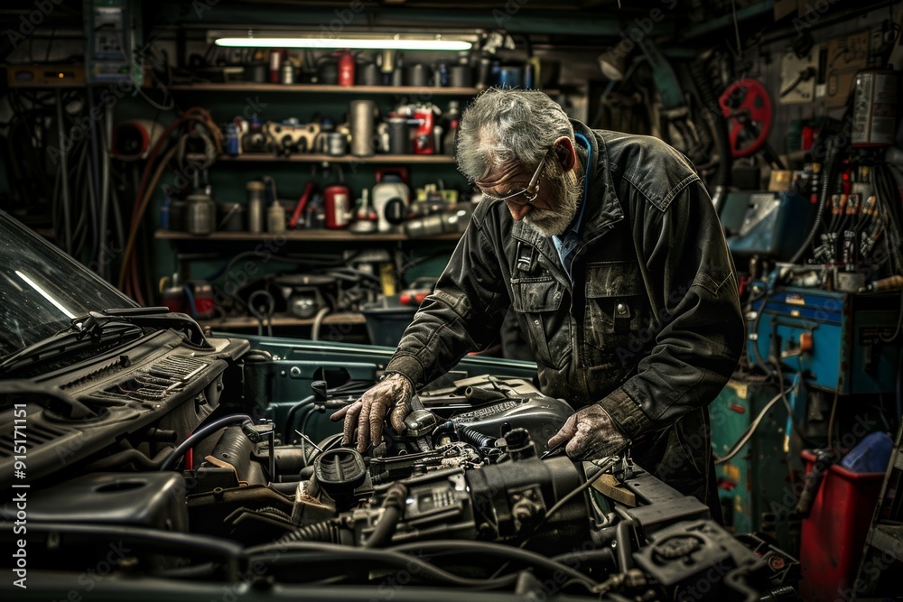 Mechanic working on car engine in auto repair shop, captured in a ...