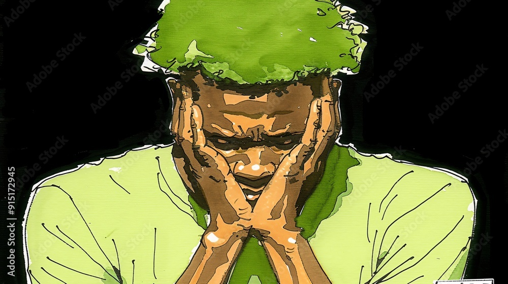 Depressed person with vibrant green hair, depicted with intense shading ...