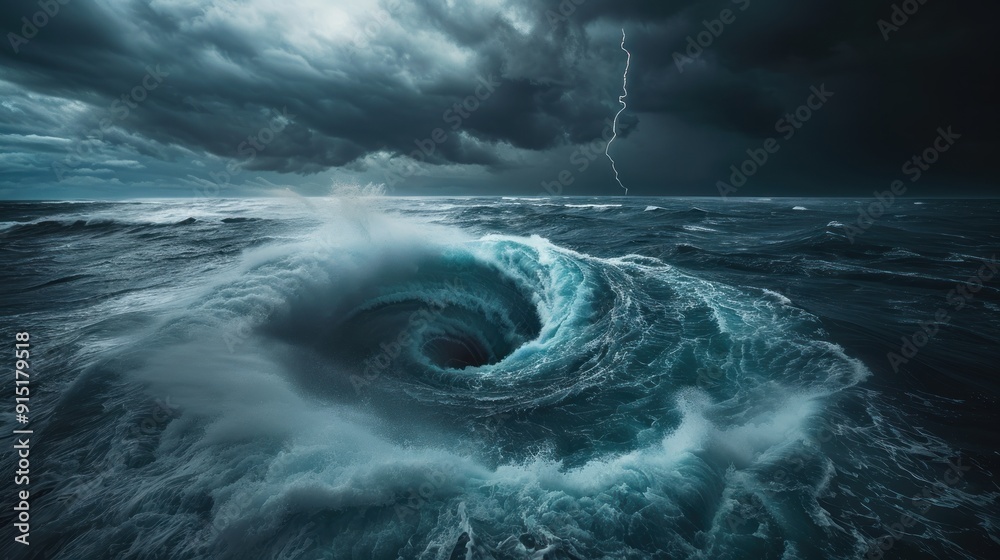 Icredible, huge whirlpool in ocean, sea bellow supercell with lightning ...