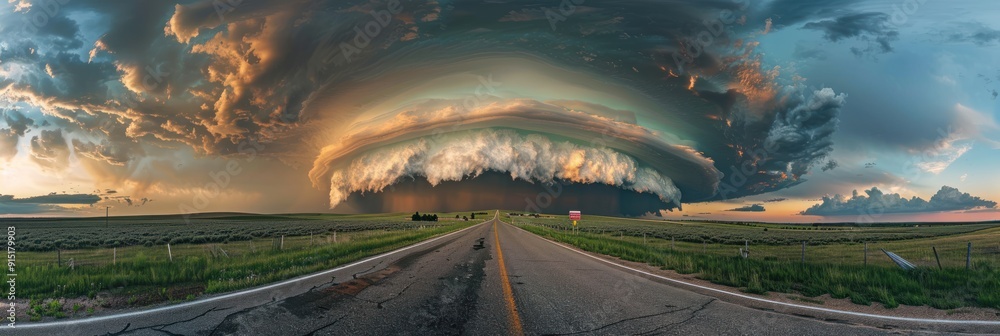 Icredible supercell spinning across road before small city, sky full of ...