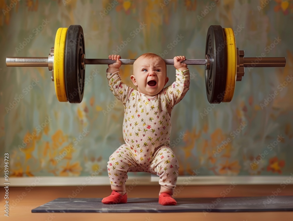 Charming baby displays strength lifting heavy barbell in delightful ...