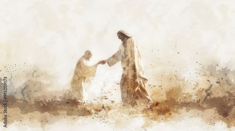Watercolor Biblical Illustration of Jesus Healing the Leper, Mercy and ...