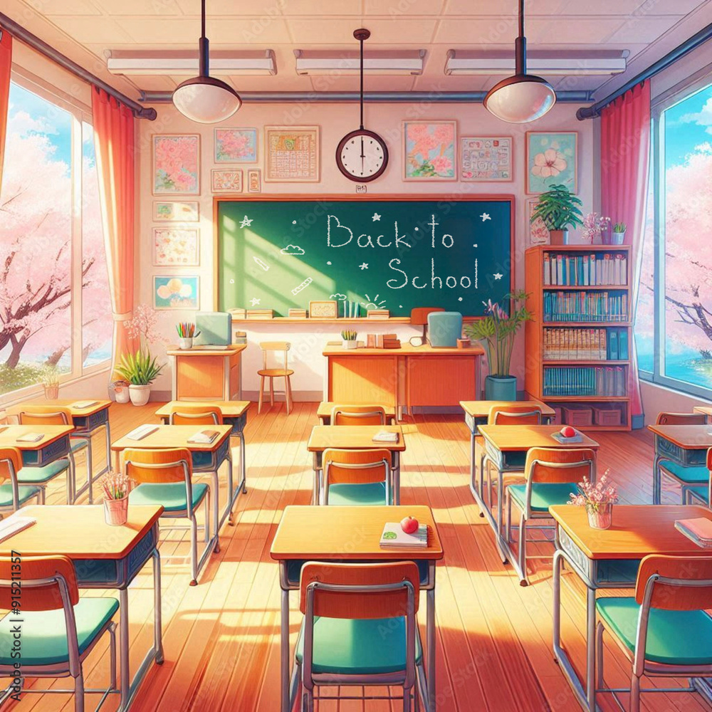 School class interior. Back to school poster. School class background ...