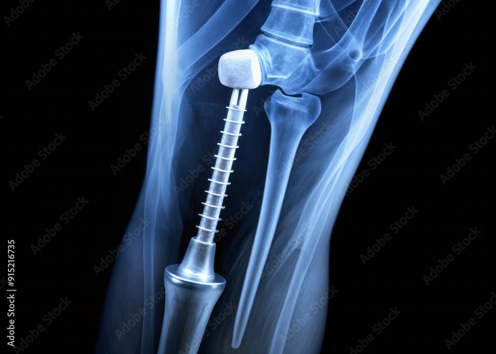 X-ray of a patient's leg showing a titanium alloy orthopedic implant, a ...