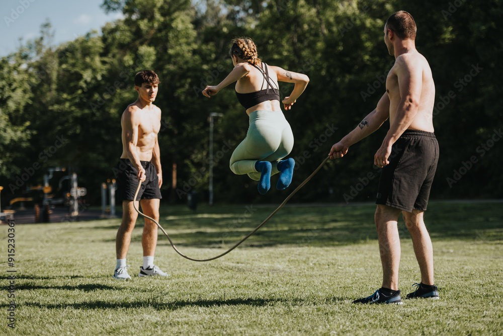 Group of athletes jump roping outdoors in a green park, showcasing ...