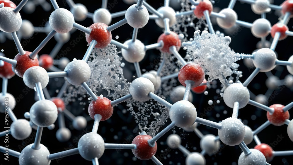 Crystalized white glucose molecules on a black background, magnified to ...