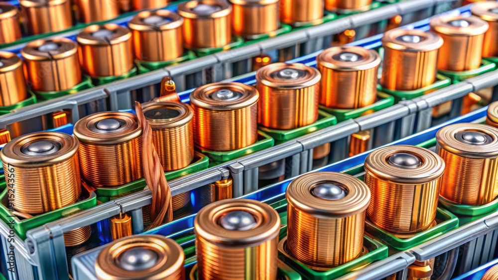 Macro view of lithium-ion battery cells with copper wiring and ...