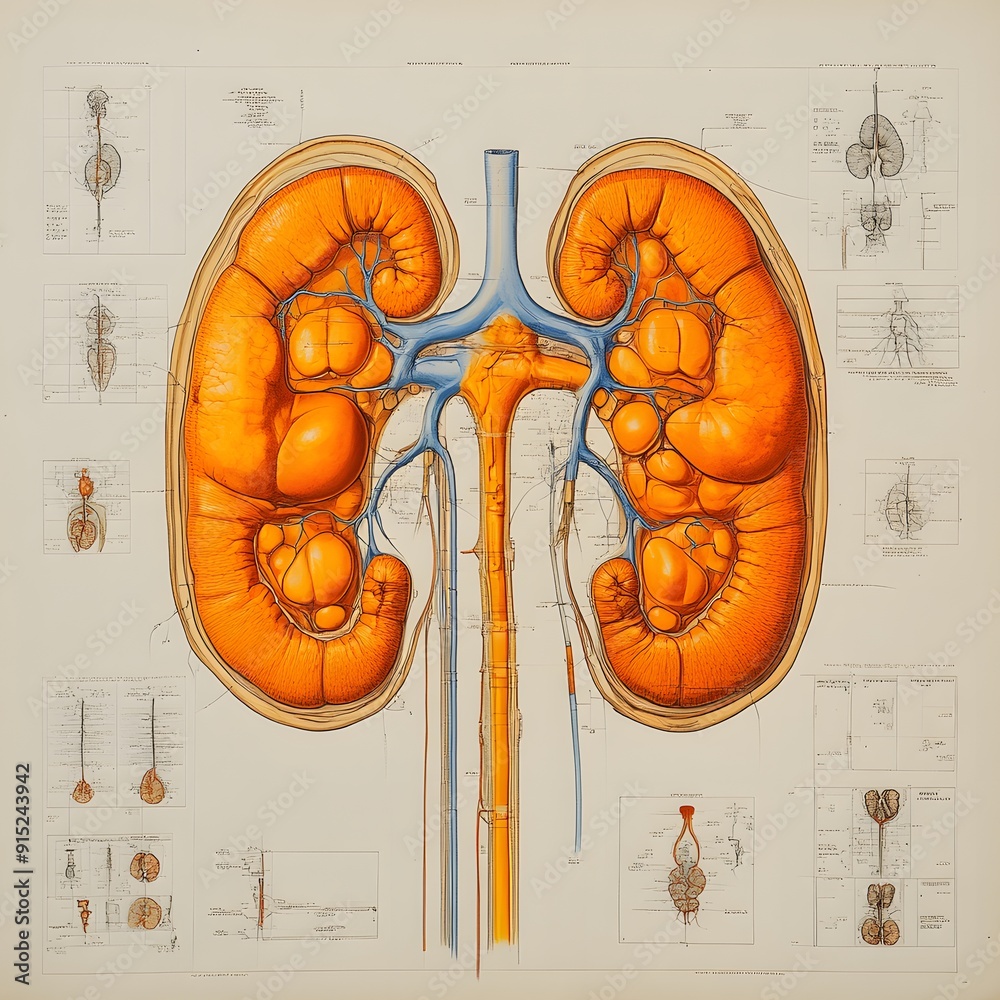 A 16:9 diagram of the kidneys and urinary system, displaying the ...