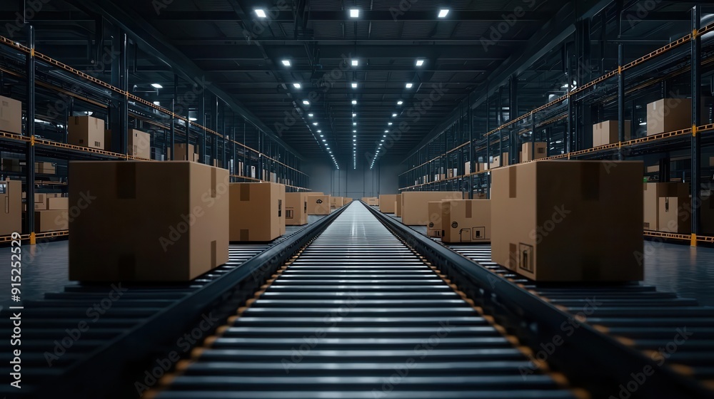 Efficient logistics center boxes moving on conveyors wideangle shot ...
