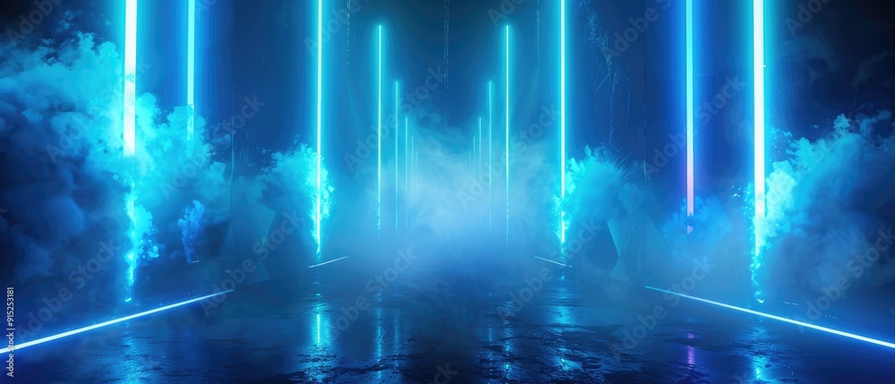 Epic blue background for video, with futuristic shapes and light beams ...