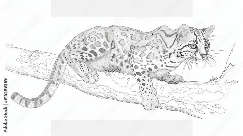 Highly detailed black and white sketch of an ocelot, showcasing its ...