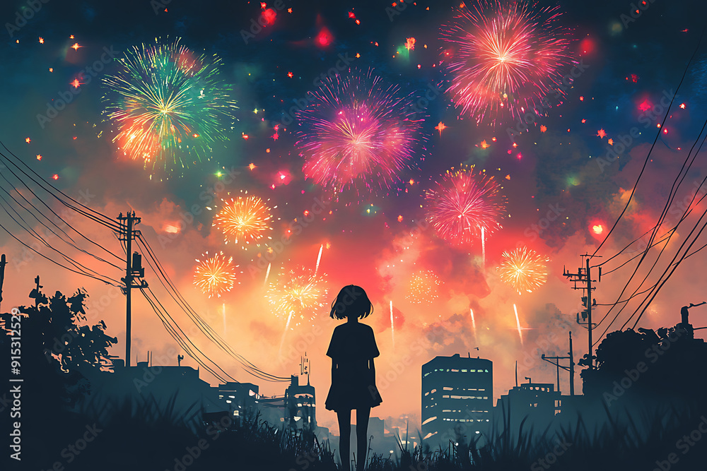 Anime girl watching fireworks at night digital art, painting, anime ...