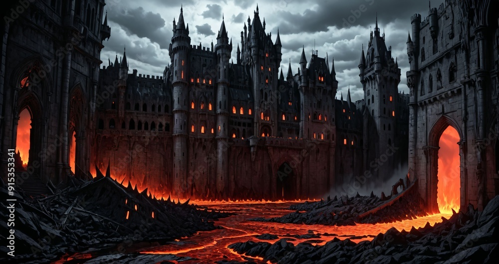 gothic hellmouth castle fortress with flowing river molten lava and magma under a grey sky ...