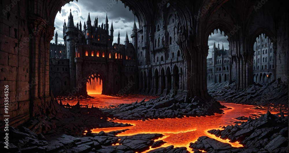 gothic hellmouth castle fortress with flowing river molten lava and ...