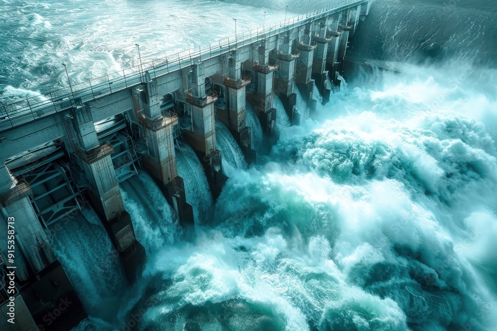 Water surges powerfully from the dam, creating a mesmerizing display of ...