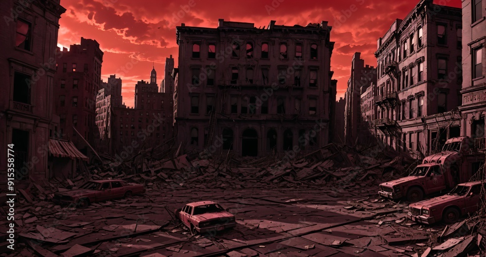 barren post apocalyptic city ruins wasteland. destroyed abandoned town ...