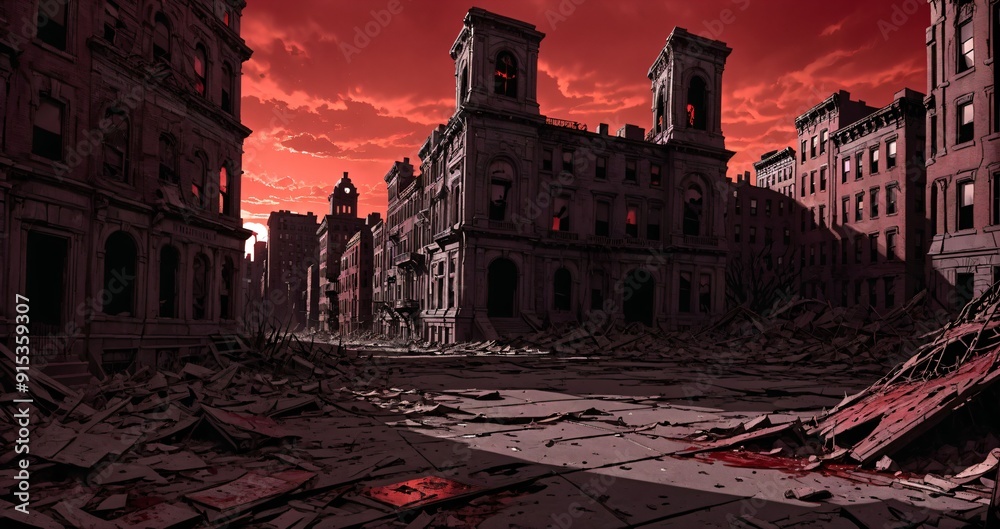 barren post apocalyptic city ruins wasteland. destroyed abandoned town ...