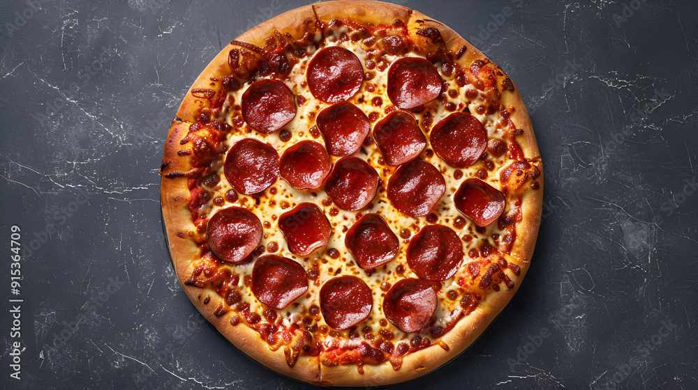 Top view of a perfectly round pepperoni pizza with evenly distributed ...