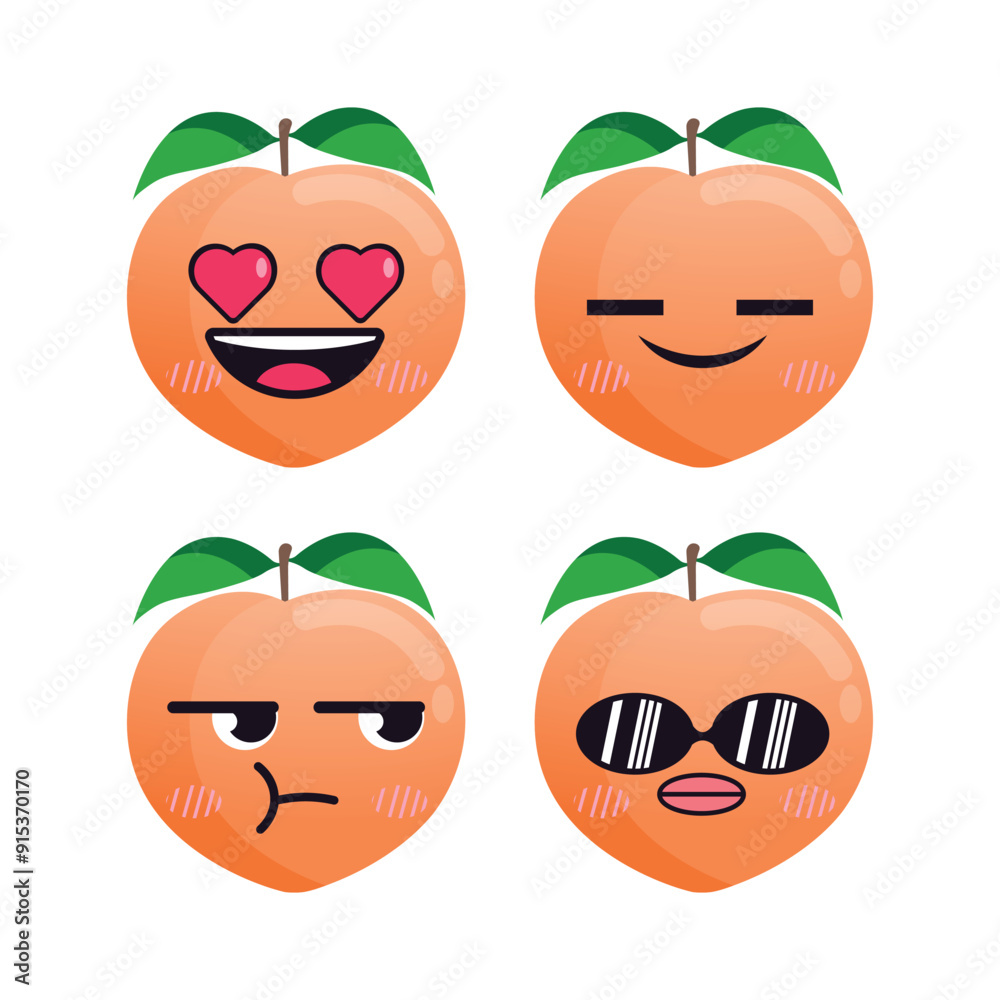 Vector set of cute Peach fruit emojis. Isolated on white background ...