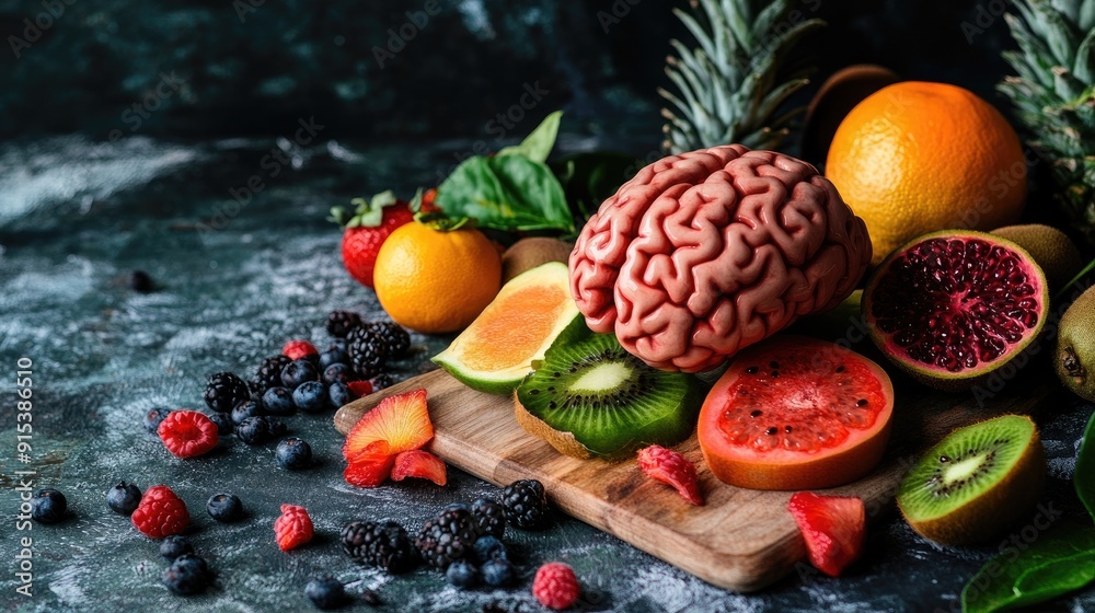Healthy living concept with a brain and fruits, illustrating the impact ...