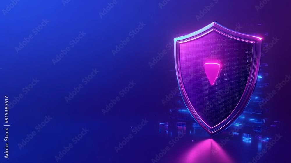 Cybersecurity concept background with illuminated shield in neon hues, representing data ...