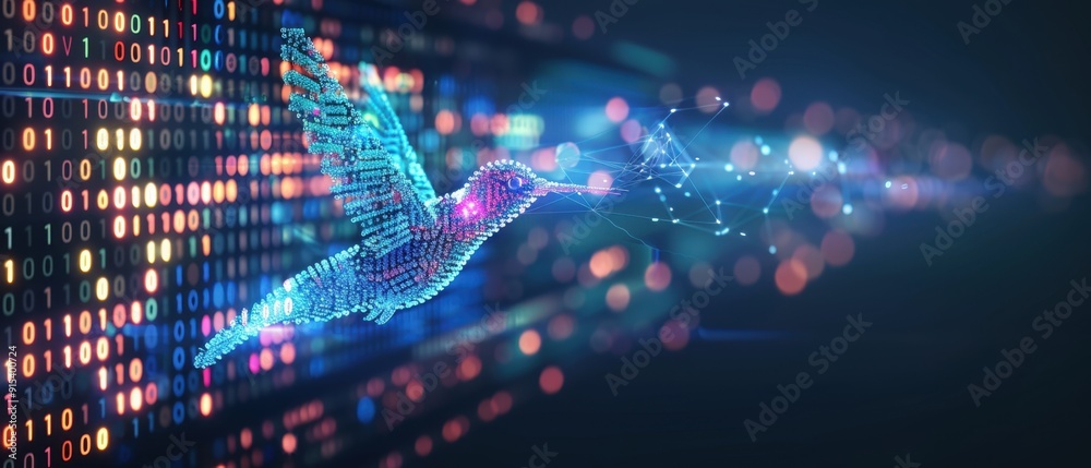 A digital representation of a bird made of pixels and binary code ...