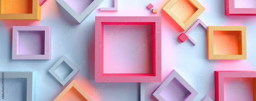 Geometric shapes in various colors are organized on a flat surface ...