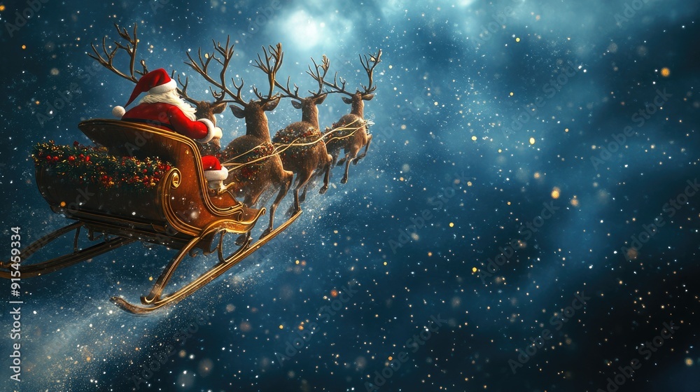Joyful Christmas scene of Santas sleigh and reindeer flying through the ...