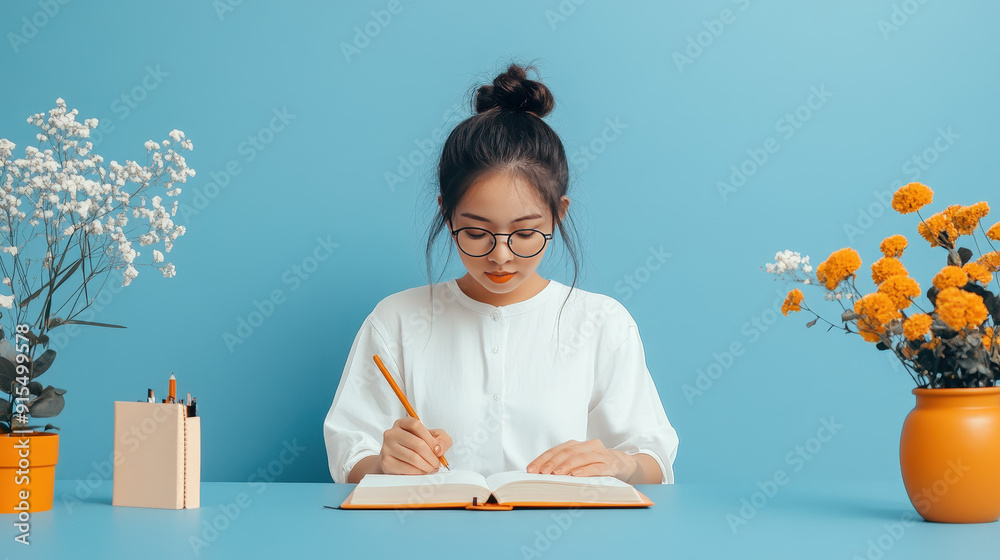 Young asian woman in white shirt writing down her aspirations and ...