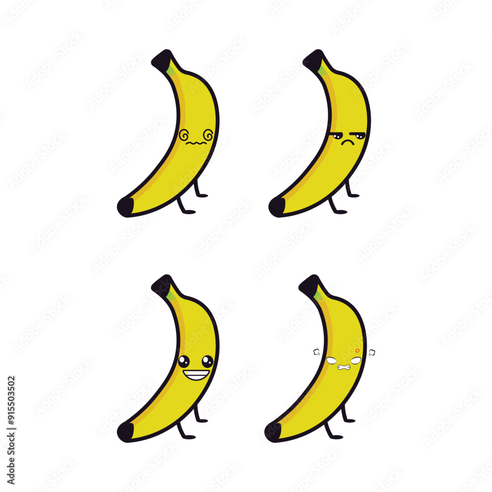 Vector set of cute Banana fruit emojis. Isolated on white background. Kawaii cartoon smiling ...